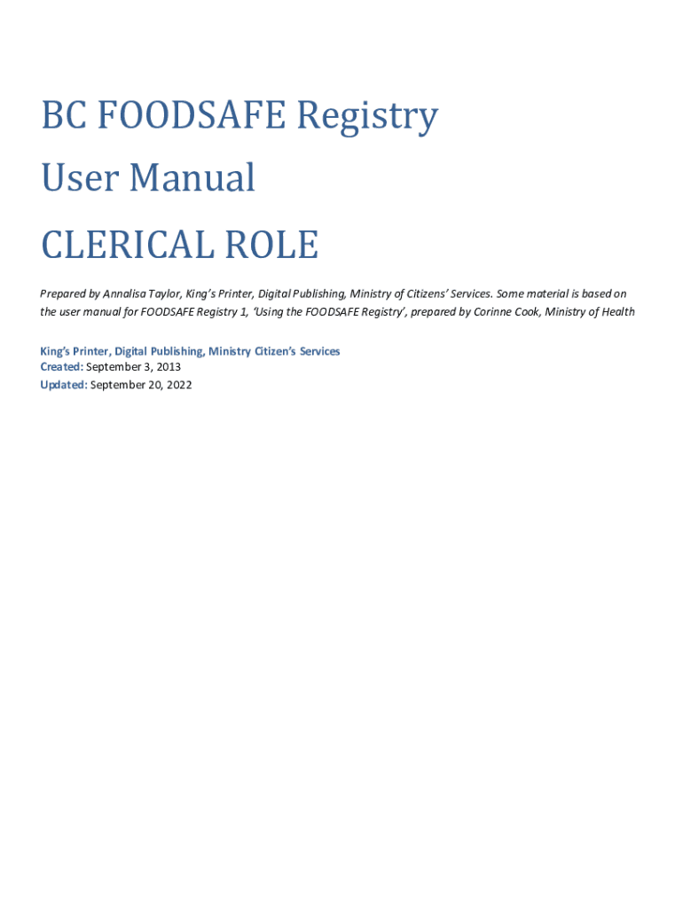 Fillable Online BCFOODSAFE Registry 2 User Manual. Prepared by Annalisa ...