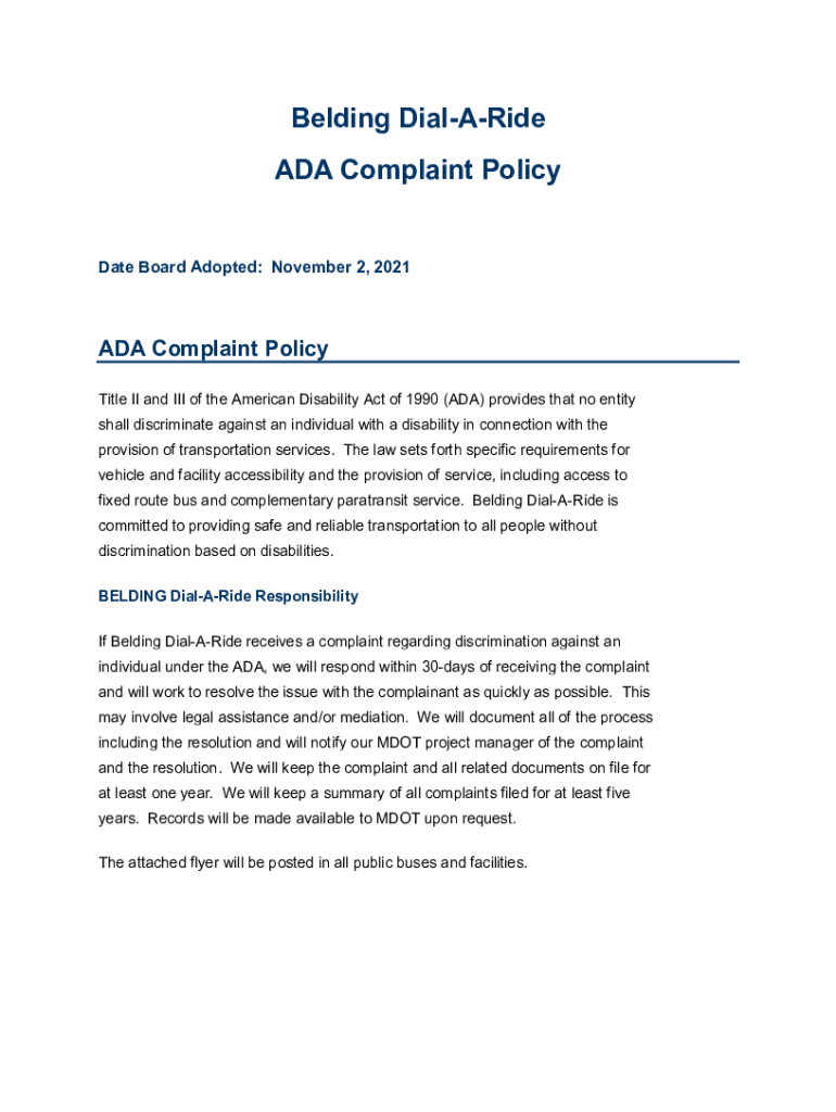 Fillable Online Belding Dial-A-Ride ADA Complaint Policy Fax Email ...