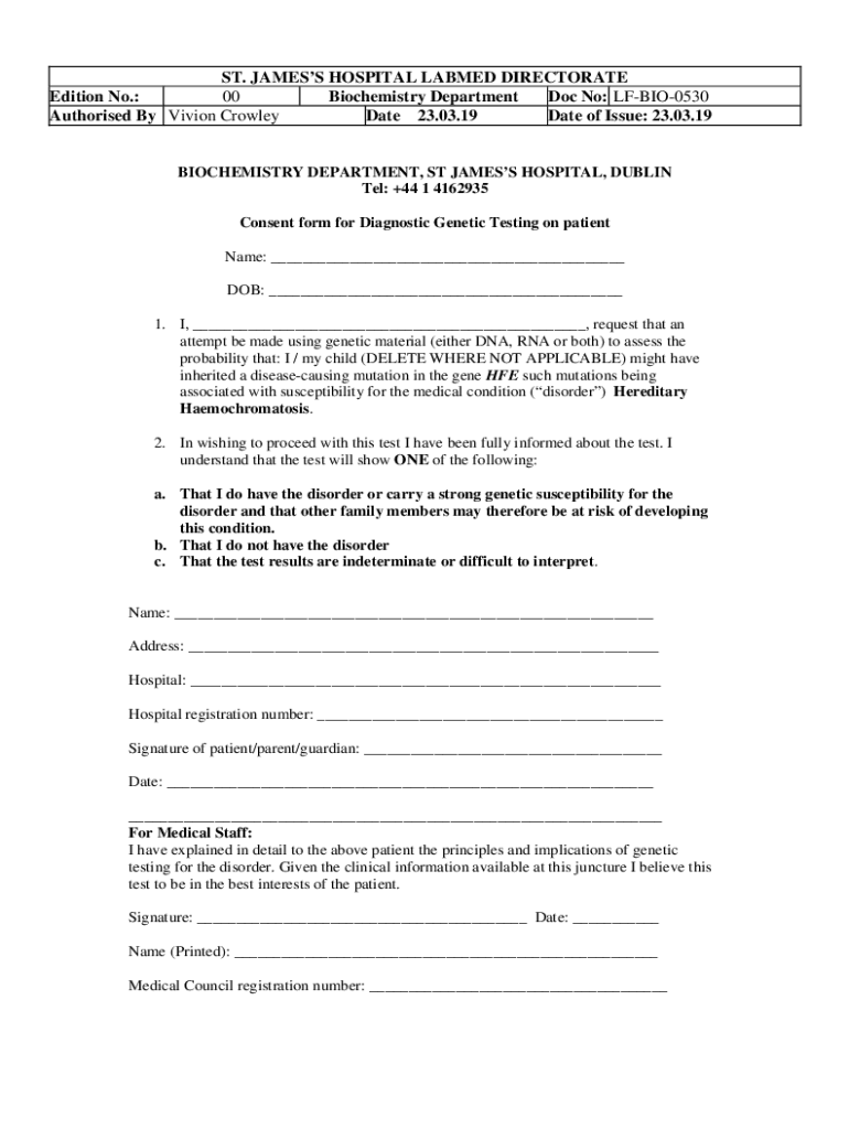 Fillable Online LF-BIO-0530 Consent form for Diagnostic Genetic ...