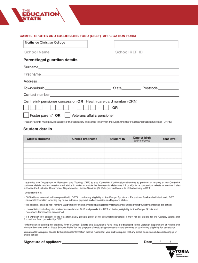 Fillable Online Camps, Sports and Excursions Fund CSEF Application ...