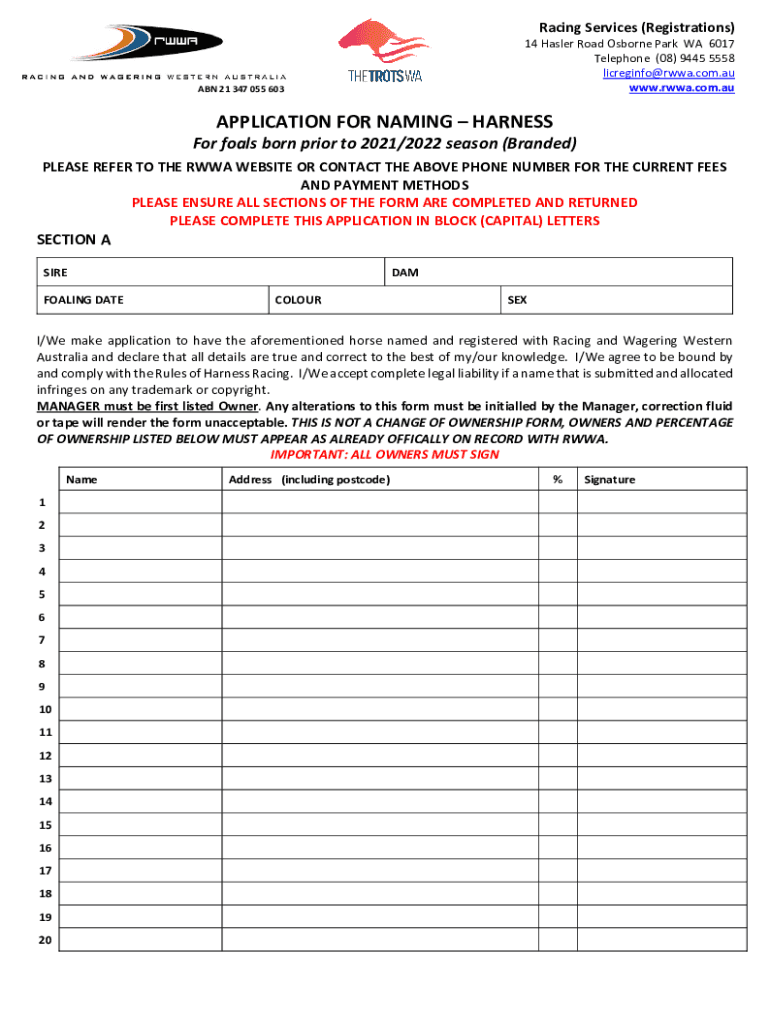 Fillable Online APPLICATION FOR NAMING HARNESS Fax Email Print - pdfFiller