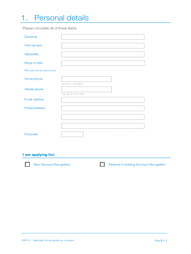 Fillable Online Application for Recognition as a Surveyor. MSF147 ...