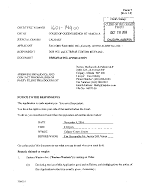 Fillable Online Form 7 Rule 3.8 Clerk's stamp: COURT FILE NUMBER ...