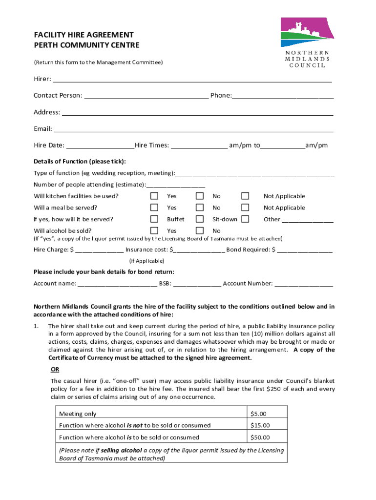 Fillable Online nmc tas gov facility hire agreement cressy community centre - Northern ... Fax ...