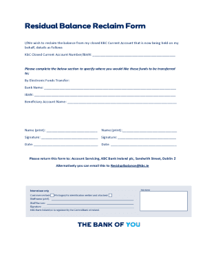 Fillable Online Residual Balance Reclaim Form KBC Bank Ireland Fax ...