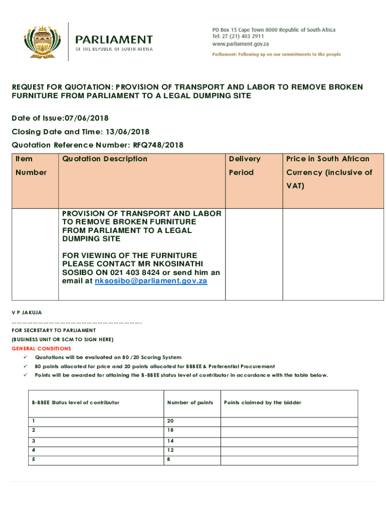 Fillable Online request for quotation: provision of transport and labor ...