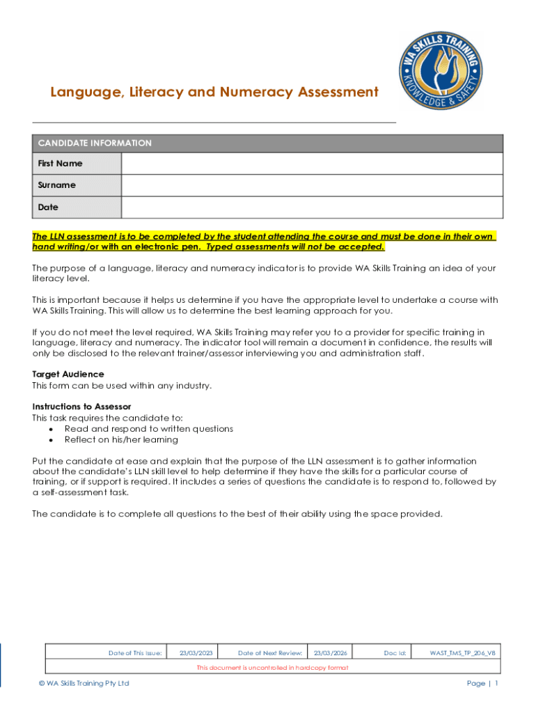 Fillable Online Language literacy and numeracy (LLN) assessment tool ...