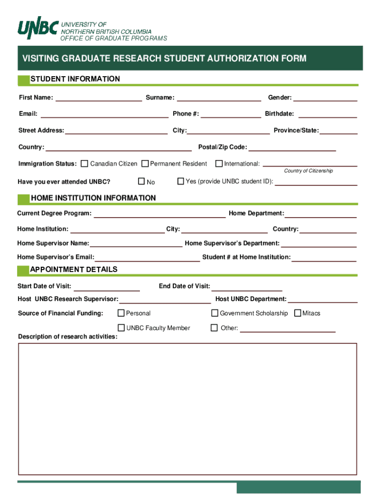 Fillable Online visiting graduate research student authorization form ...