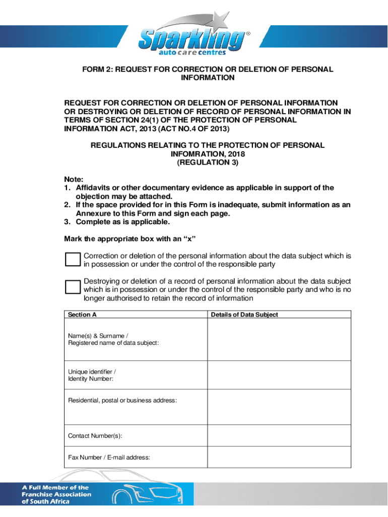 Fillable Online Form 2: Request for correction or deletion of personal ...