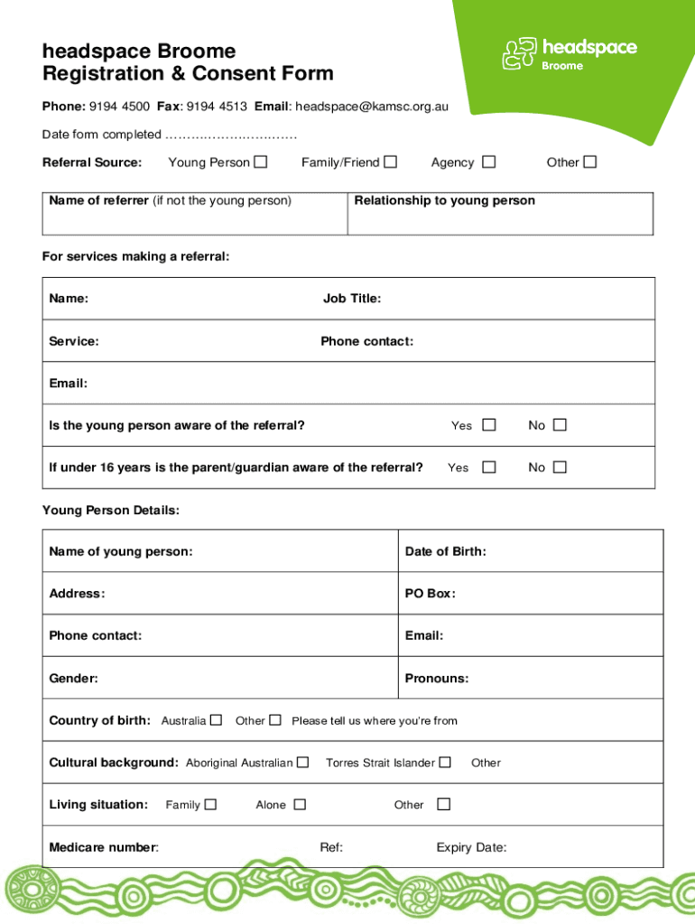 Fillable Online headspace Broome Registration & Consent Form Fax Email ...
