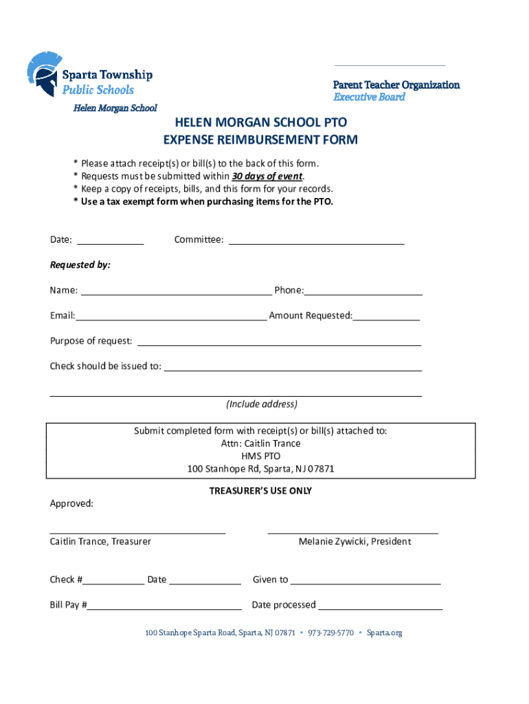 Fillable Online Helen Morgan School PTO Expense Reimbursement Form Fax Email Print - pdfFiller