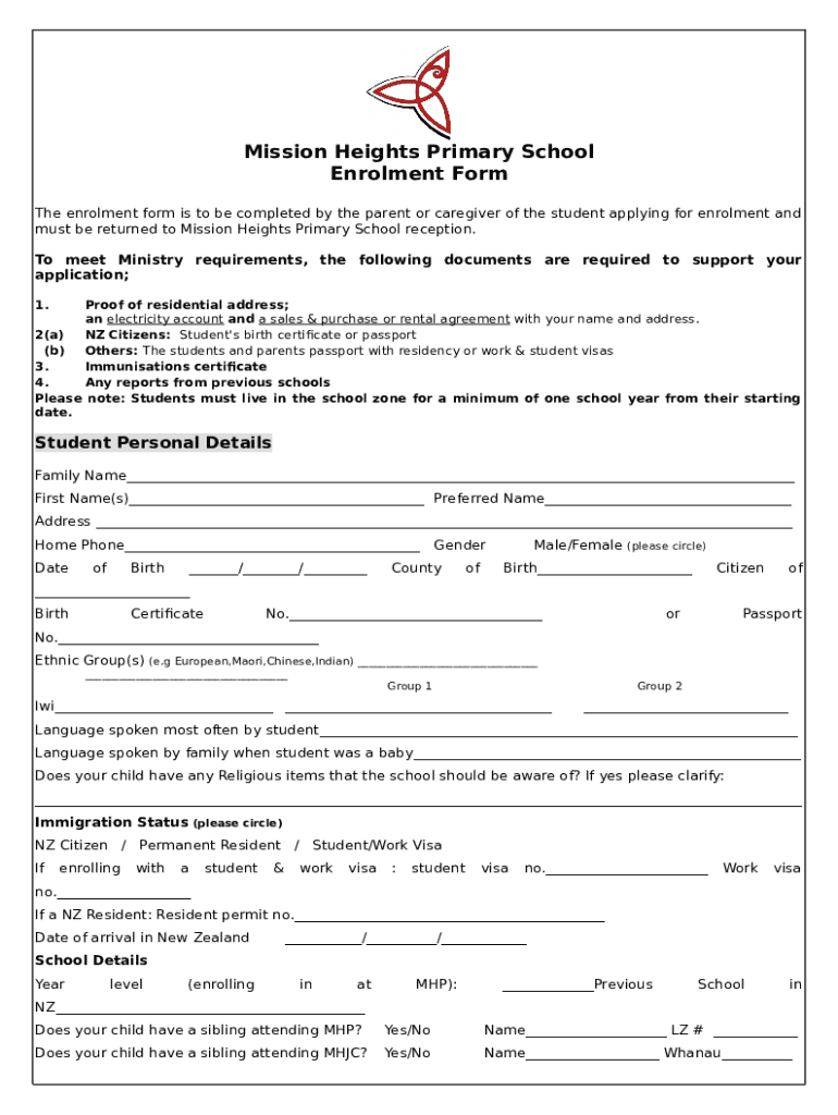 Fillable Online Mission Heights Primary School Enrolment Form Fax Email ...