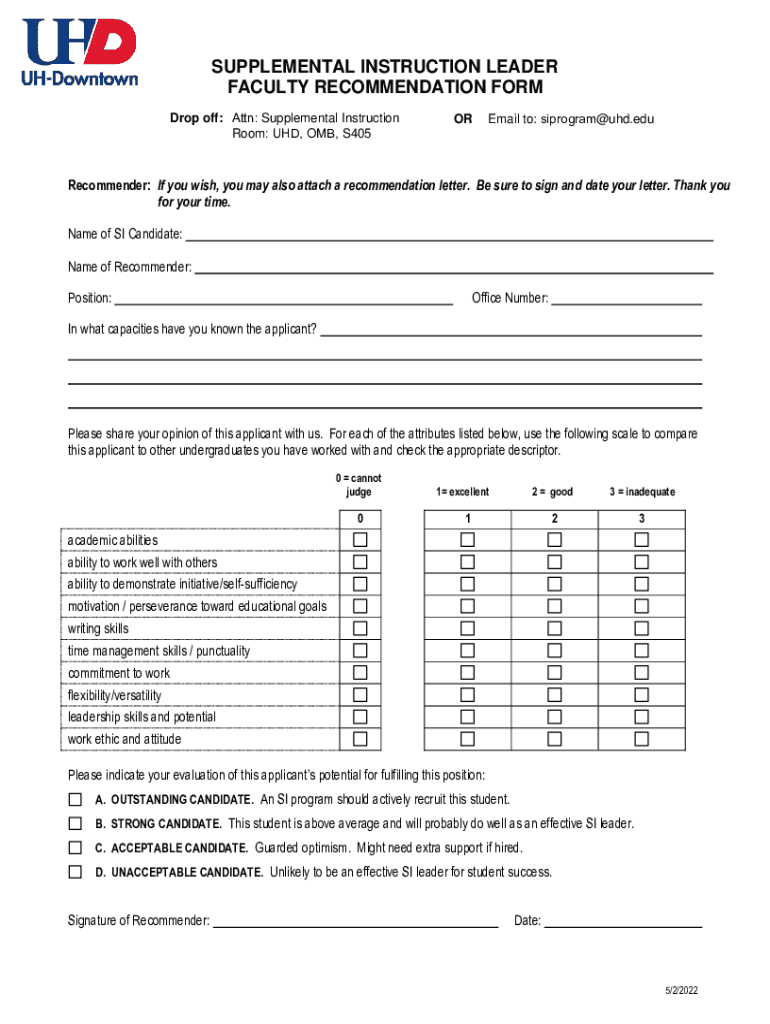 Fillable Online SI Program Faculty Recommendation Form. Faculty Recommendation Form Fax Email ...