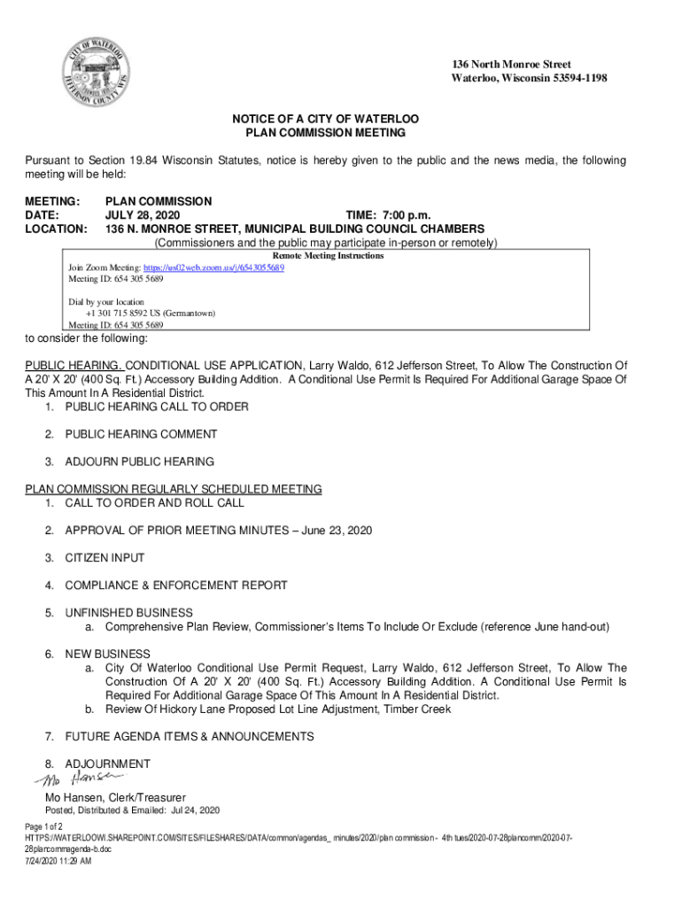 Fillable Online Pursuant to Section 19.84 WI Statutes, notice is hereby ...