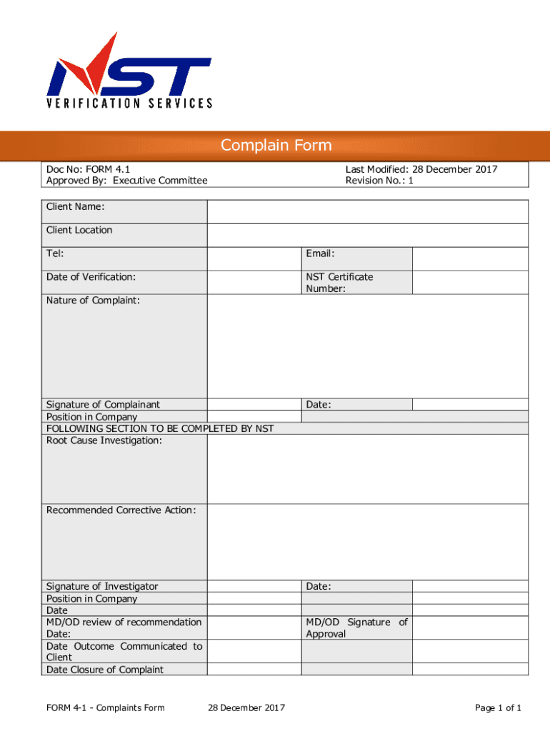 Fillable Online Employee Formal Complaint Form Template Fax Email Print ...