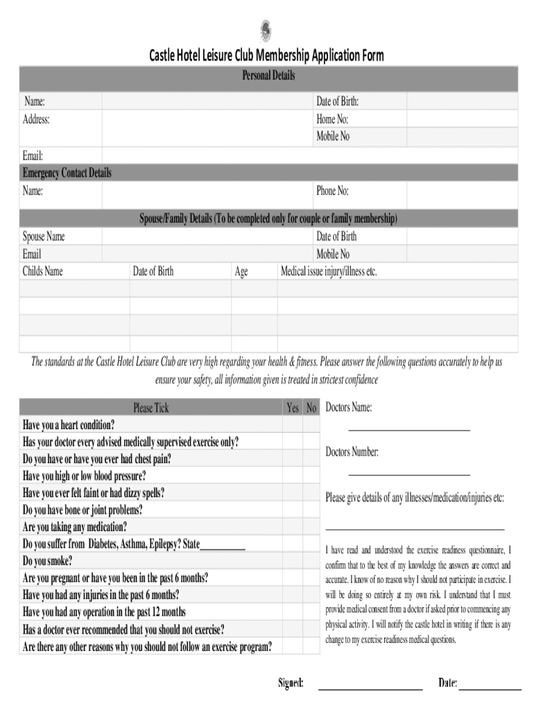 Fillable Online Castle Hotel Leisure Club Membership Application Form ...