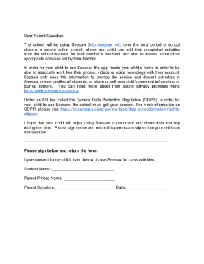 Fillable Online Dear Parent/Guardian, The school will be using Seesaw ...