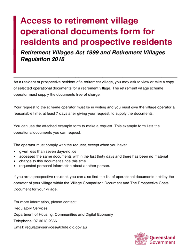 Fillable Online Access to retirement village operational documents form ...