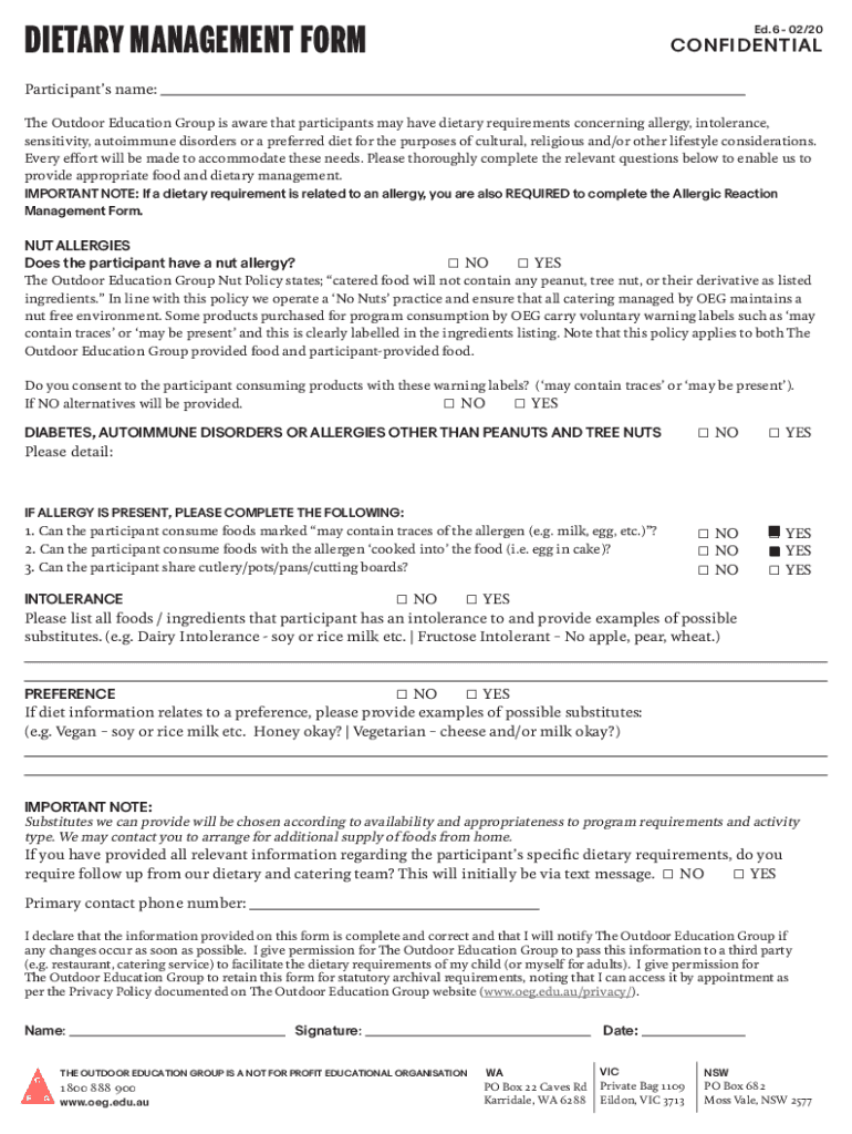 Fillable Online DIETARY MANAGEMENT FORM Fax Email Print - pdfFiller
