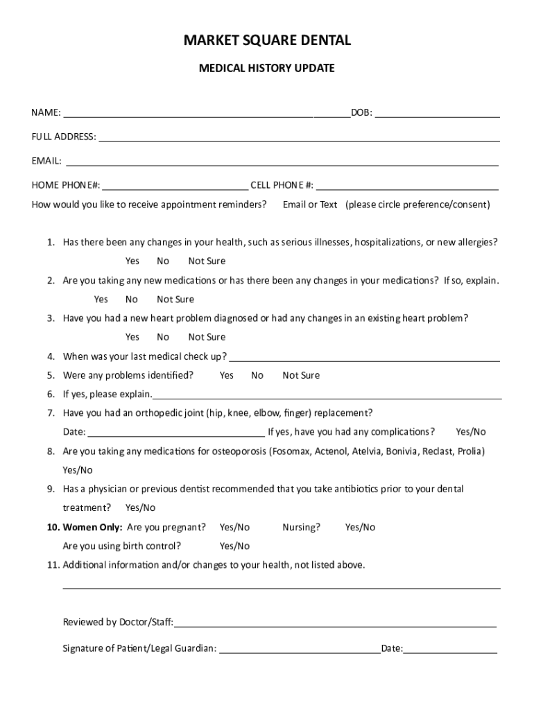 Fillable Online Update MHF New - Market Square Dental Fax Email Print ...