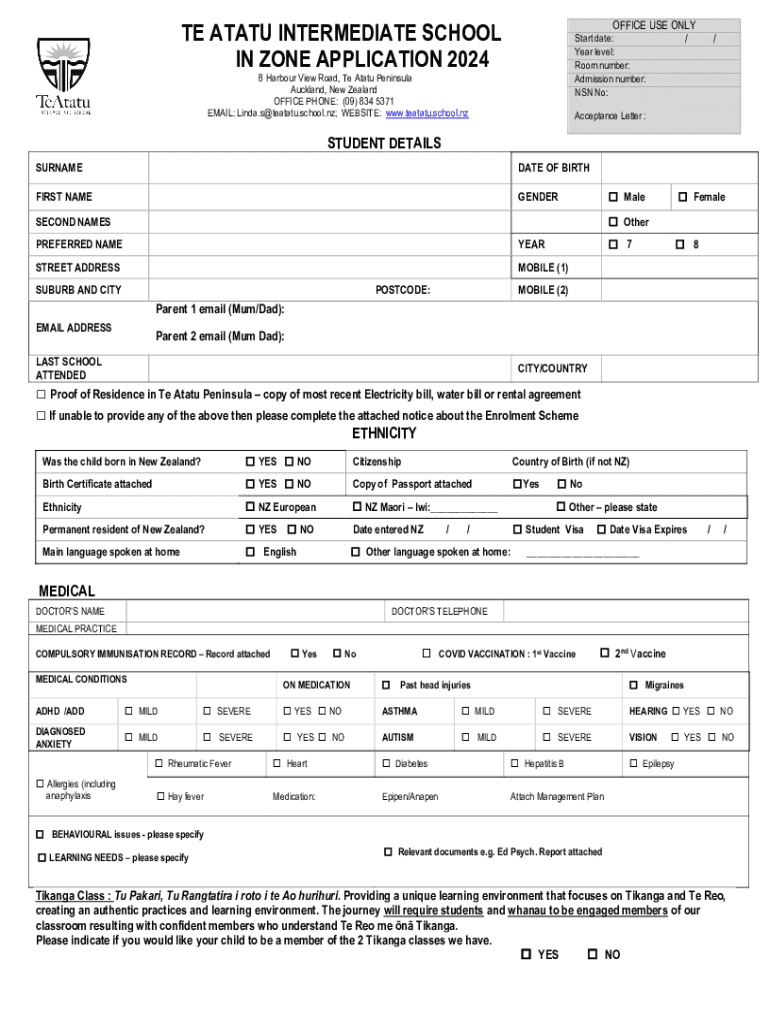 Fillable Online Te Atatu Intermediate: Profile and Contact Details Fax ...