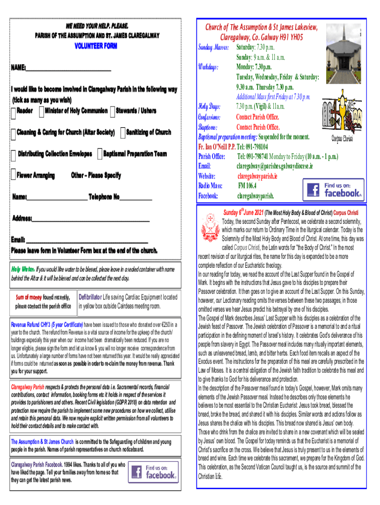 Fillable Online Church Volunteer Information Form Template Fax Email ...