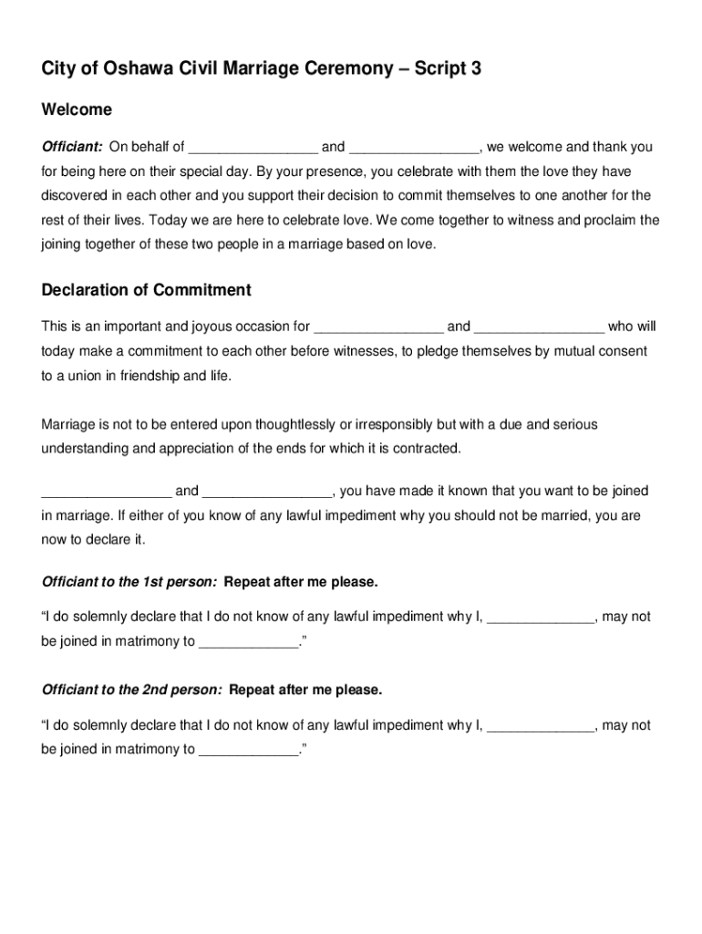 Fillable Online City of Oshawa Civil Marriage Ceremony - Script 3. City ...