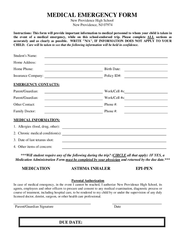 Fillable Online MEDICAL EMERGENCY FORM Fax Email Print - pdfFiller