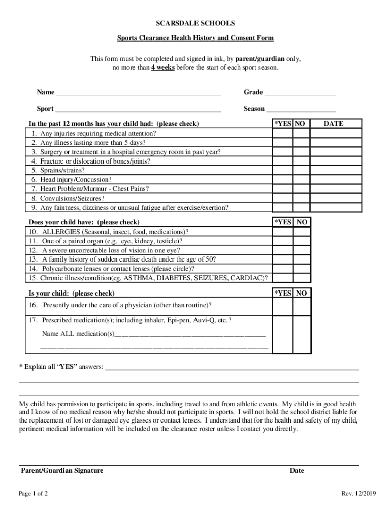 Fillable Online Sports Clearance Health History and Consent Form Fax ...
