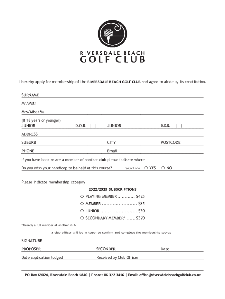 Fillable Online I hereby apply for membership of the RIVERSDALE BEACH GOLF CLUB and agree to ...