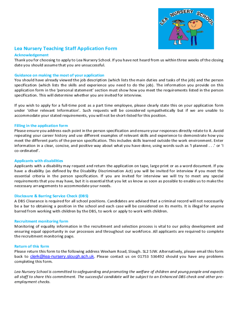 Fillable Online Lea Nursery Teaching Staff Application Form Fax Email ...