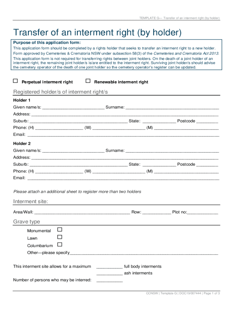 Fillable Online Transfer of an interment right (by holder). form Fax ...