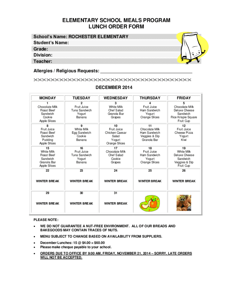Fillable Online elementary school meals program lunch order form Fax ...