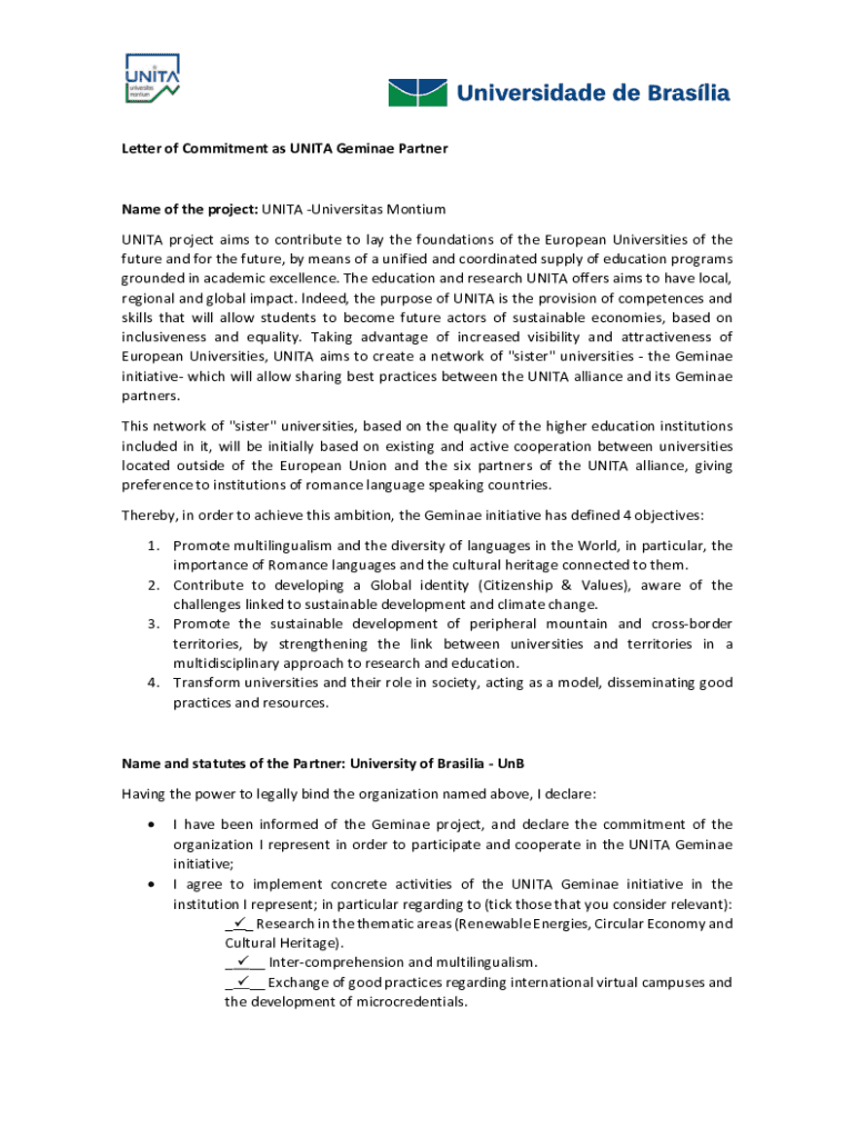 Fillable Online Letter of Commitment as UNITA Geminae Partner Name of the project Fax Email ...