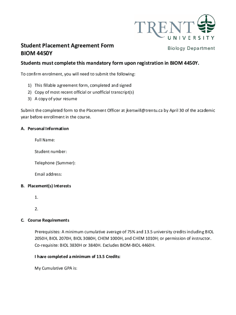Fillable Online Student Placement Agreement Form BIOM 4450Y Fax Email Print - pdfFiller