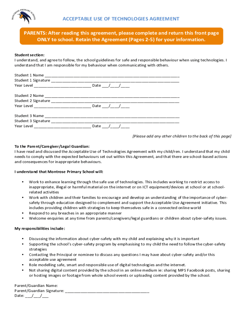 Fillable Online ACCEPTABLE USE OF TECHNOLOGIES AGREEMENT Fax Email ...