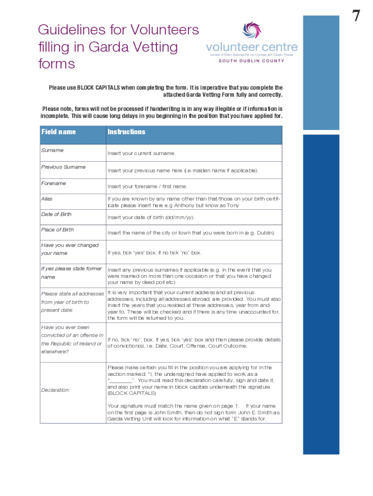 Fillable Online Guidelines for Volunteers filling in Garda Vetting ...
