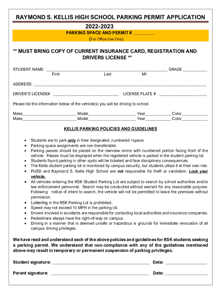 Fillable Online RAYMOND S. KELLIS HIGH SCHOOL PARKING PERMIT Fax Email Print - pdfFiller