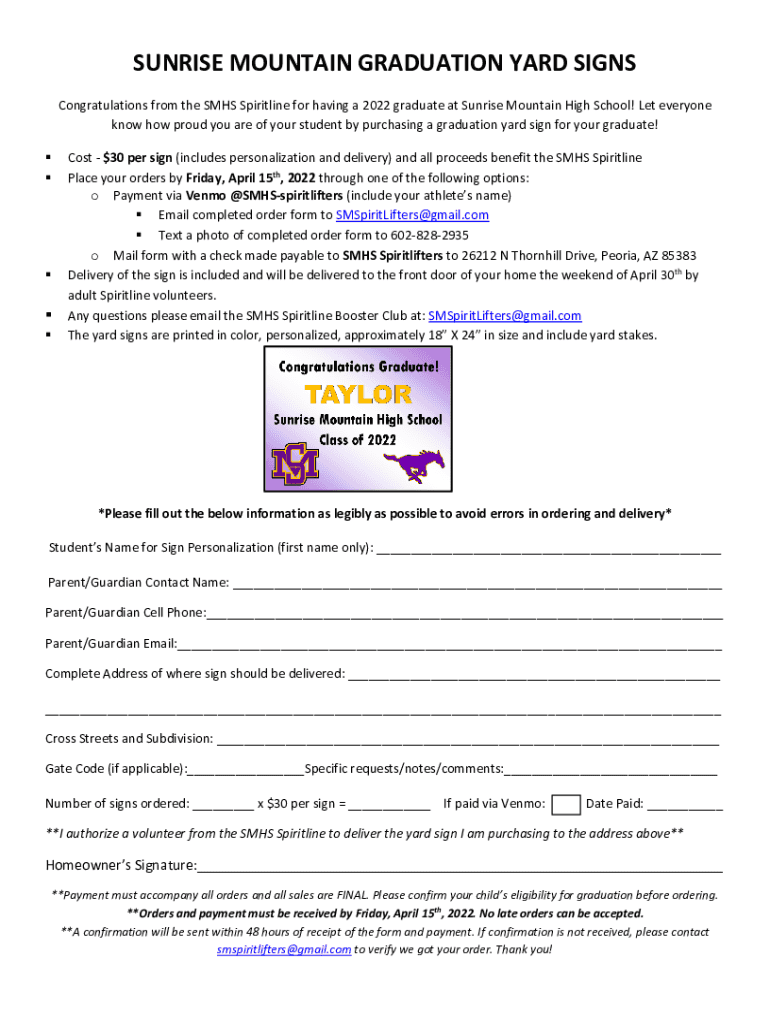 Fillable Online SUNRISE MOUNTAIN GRADUATION YARD SIGNS Fax Email Print ...