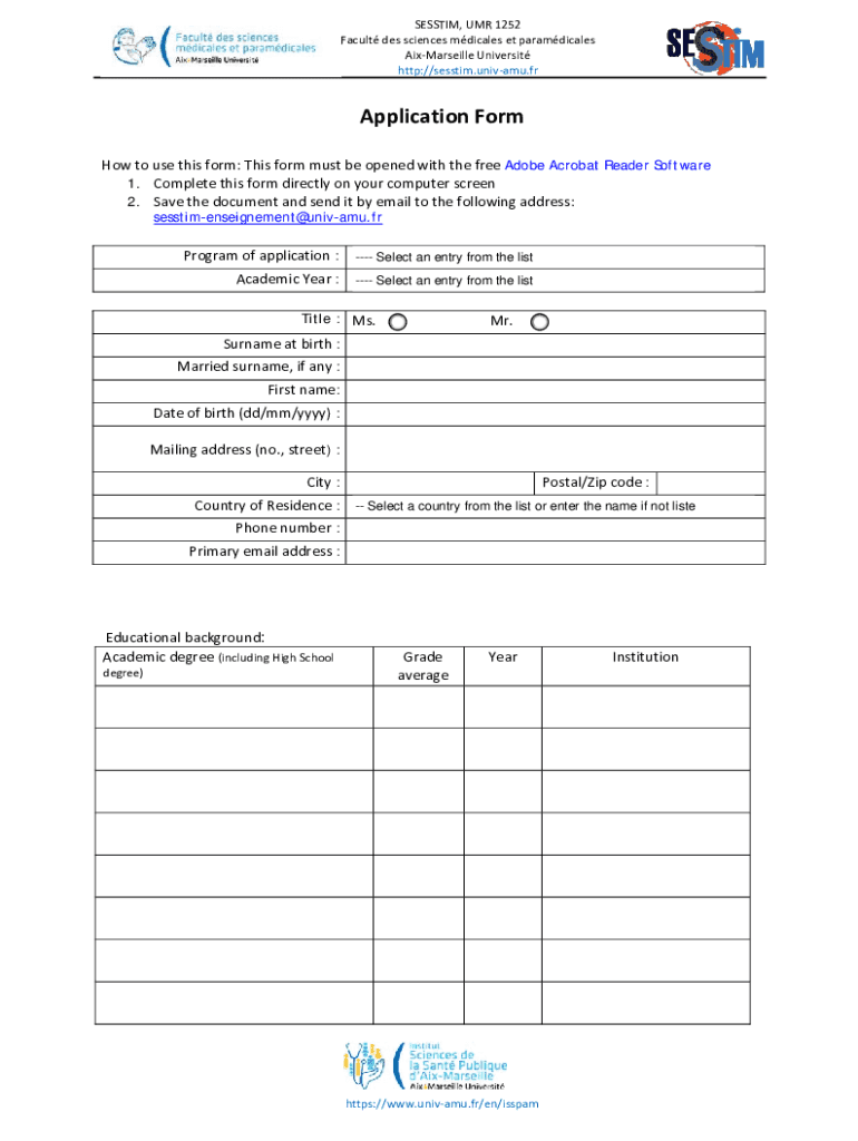 Fillable Online Application Form - Sesstim - Aix-Marseille Universit Fax Email Print - pdfFiller