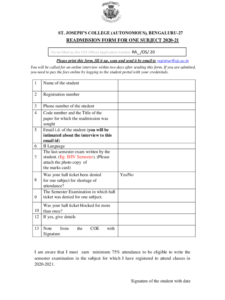 Fillable Online sjc ac Application Form for Readmission to the Odd ...