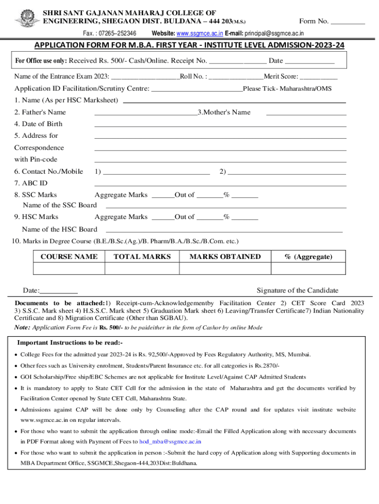 Fillable Online SSGMCE Shegaon: Best Engineering College in Maharashtra ...