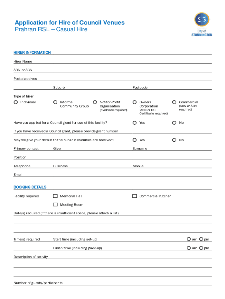 Fillable Online Application for Hire of Council Venues Prahran RSL Fax Email Print - pdfFiller