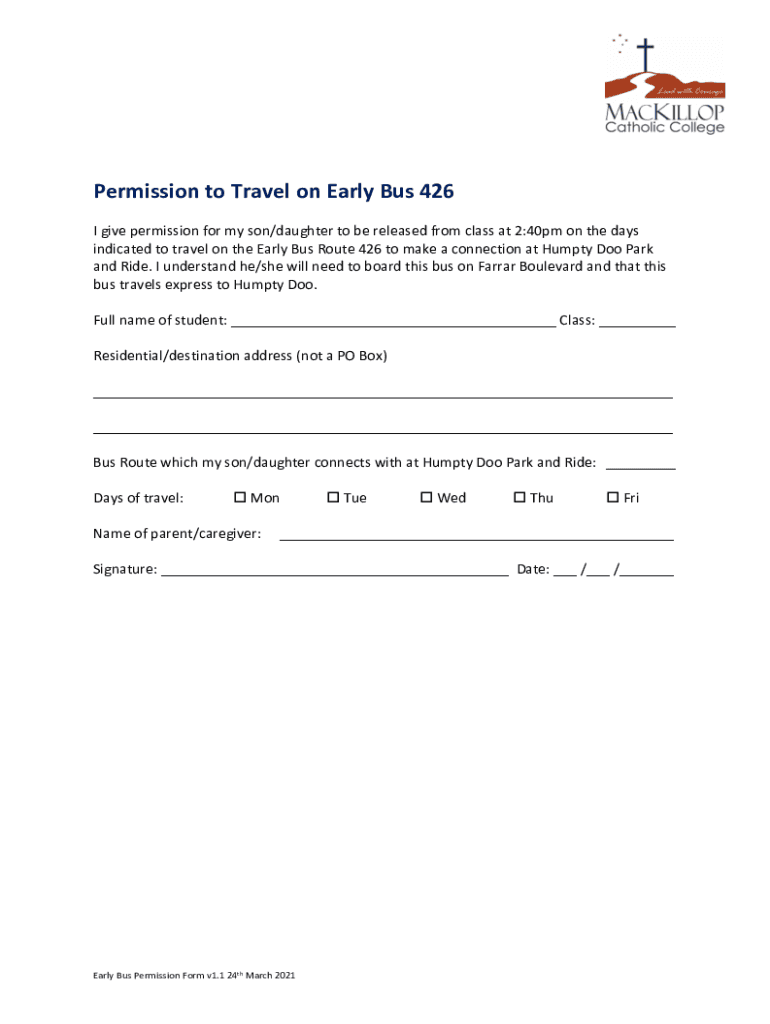 Fillable Online Early Bus Permission Form - MacKillop Catholic College ...