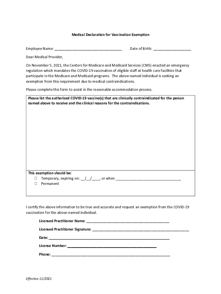 Fillable Online Medical Declaration for Vaccination Exemption Employee ...