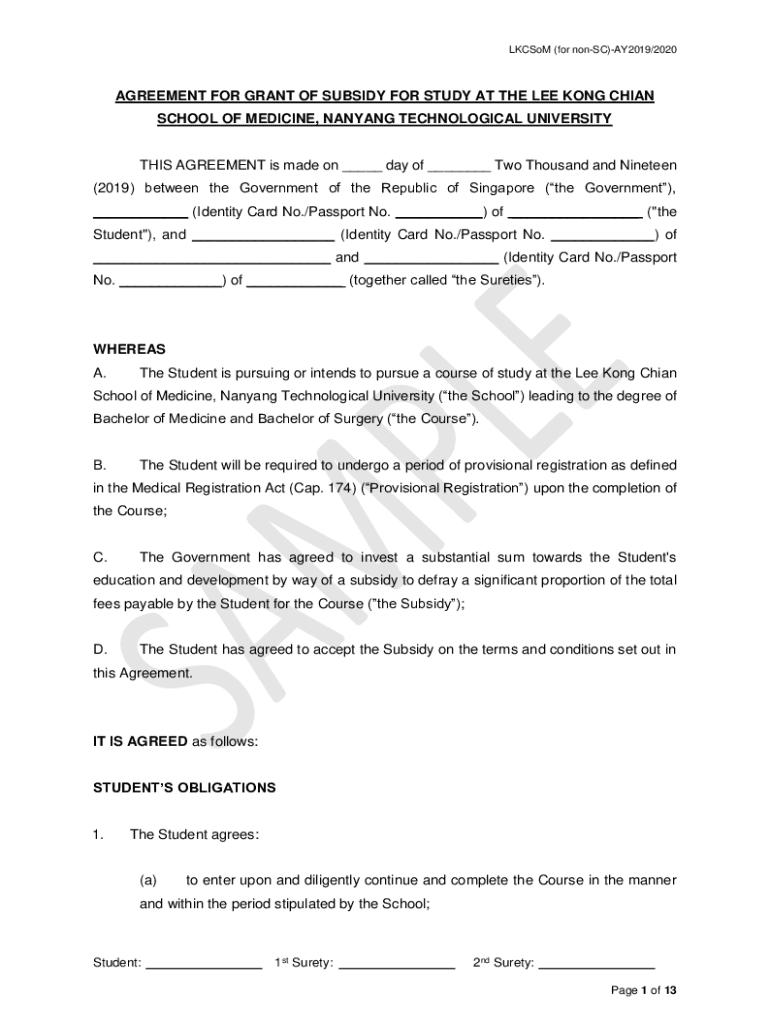 Fillable Online AGREEMENT FOR GRANT OF SUBSIDY FOR STUDY AT THE LEE ...
