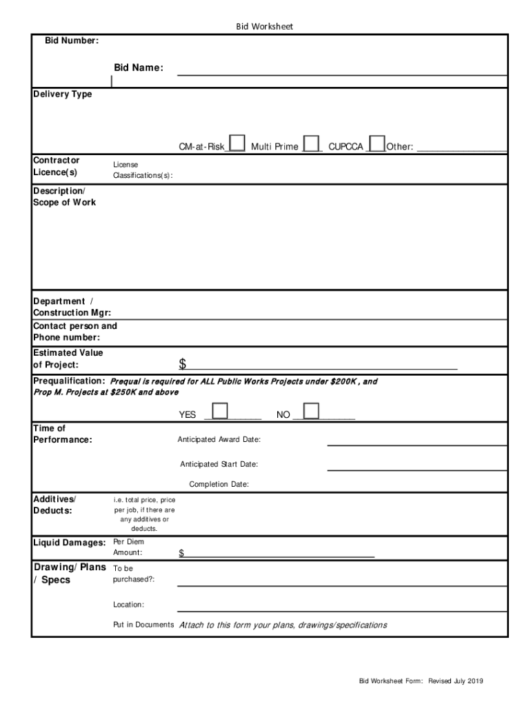 Fillable Online Bid Worksheet Bid Name: YESNO Fax Email Print - pdfFiller