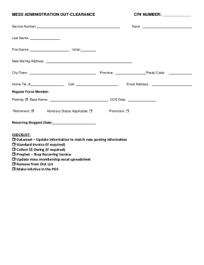 Fillable Online MESS ADMINISTRATION IN / OUT CLEARANCE FORM ... Fax Email Print - pdfFiller
