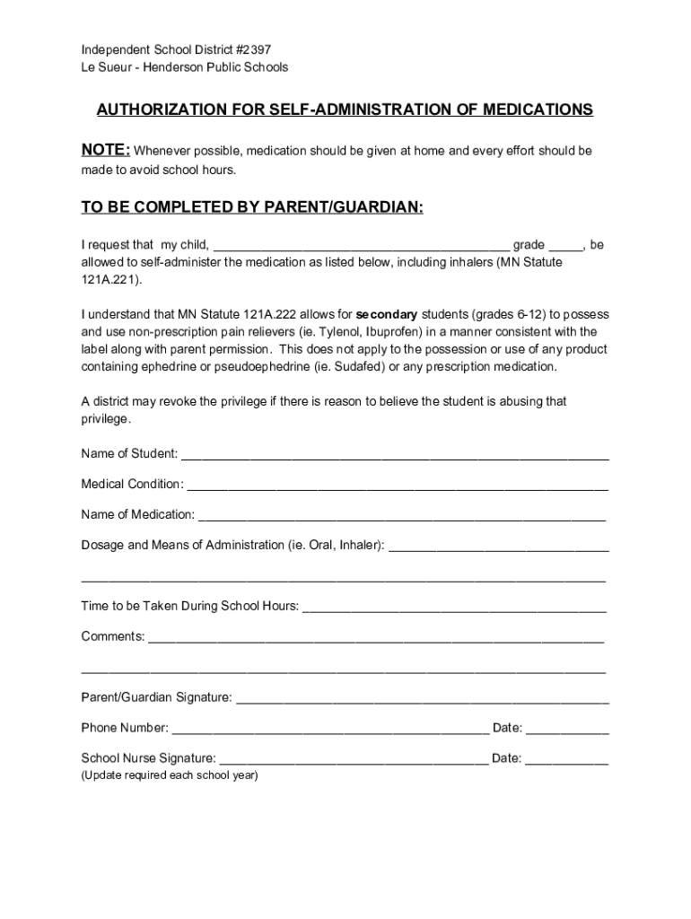 Fillable Online AUTHORIZATION FOR SELF-ADMINISTRATION OF ... Fax Email ...