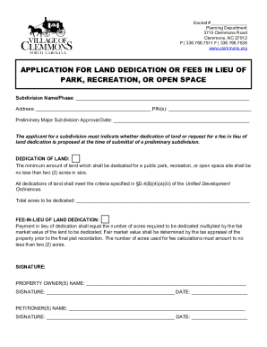 Fillable Online APPLICATION FOR LAND DEDICATION OR FEES IN LIEU OF ...